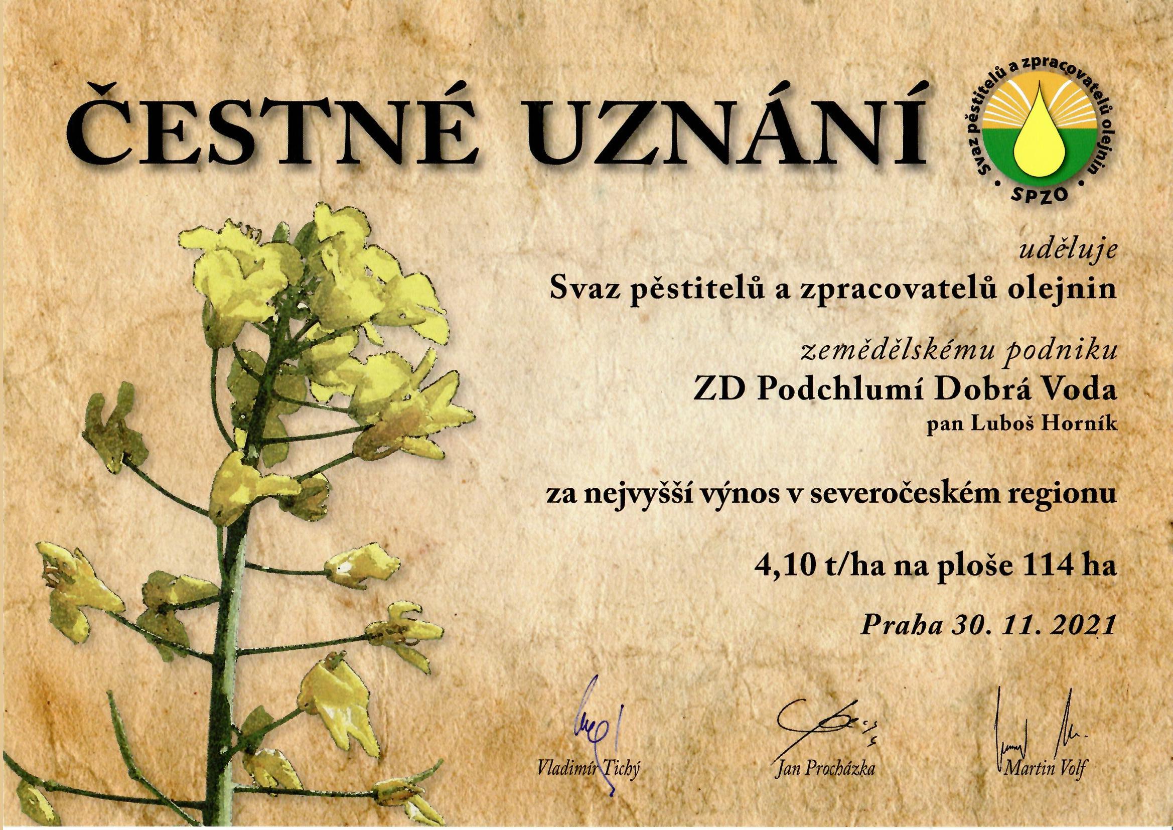 Uznání řepka 2021 - Zemědělské družstvo PodchlumíZemědělské družstvo ...